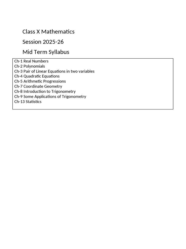 REVISED Mathematics MID TERM Syllabus Class X 2025-26 | PDF