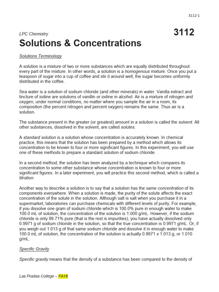 Solutions and Concentrations Lab Guide | PDF | Density | Mixture