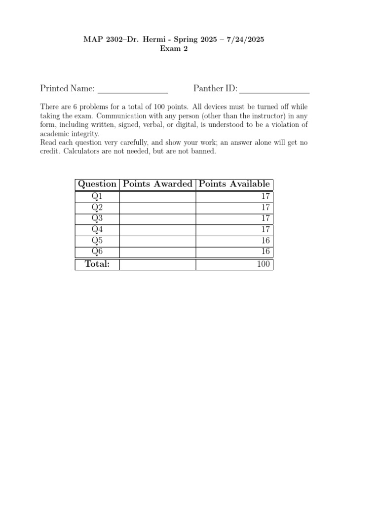 MAP 2302 Exam 2: Differential Equations | PDF | Differential Equations | Applied Mathematics