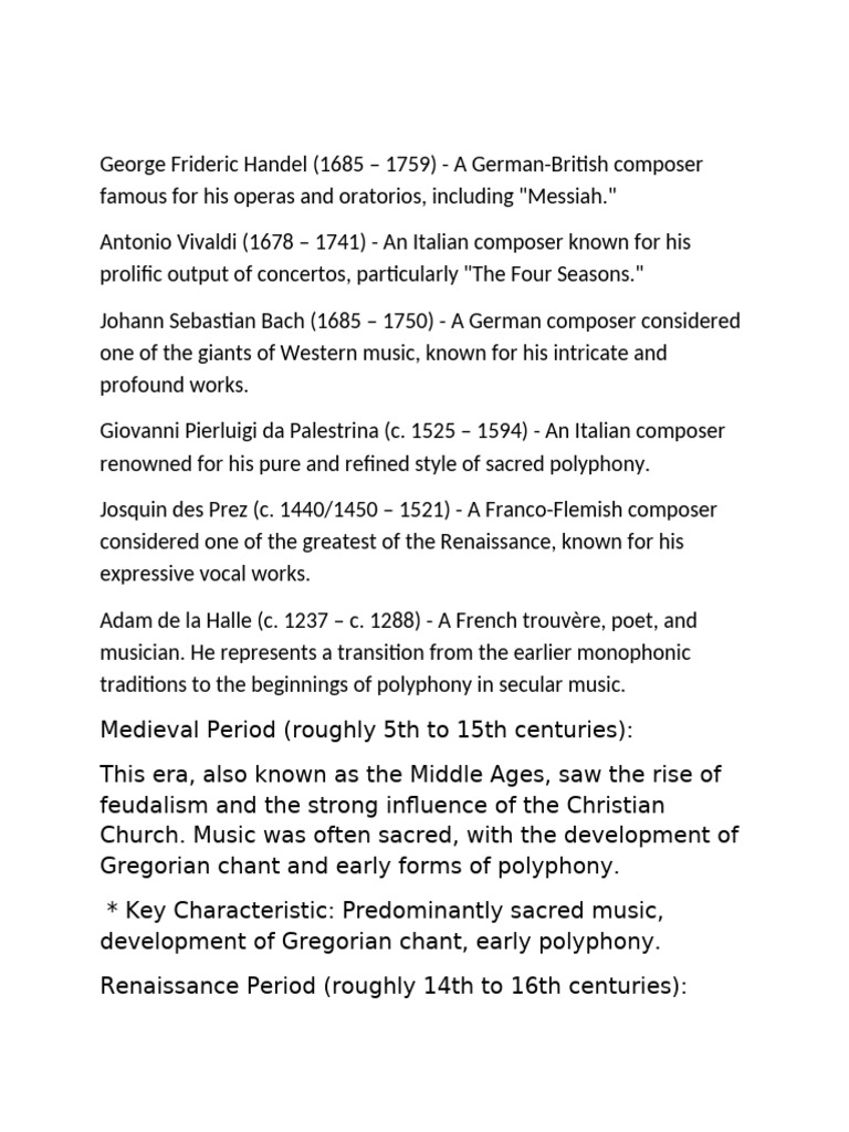 Information of Composers of Medieval, Renaissance and Baroque period | PDF
