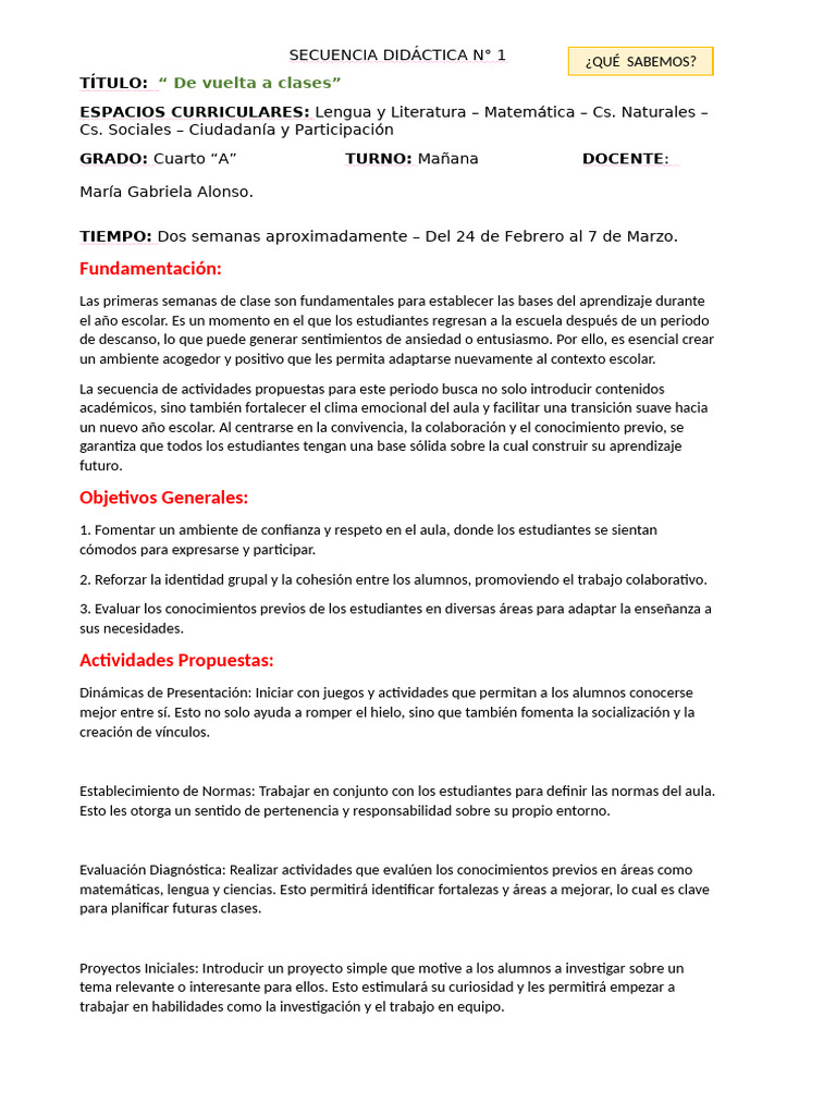 Secuencia Didáctica: Regreso a Clases | PDF | Salón de clases | Aprendizaje