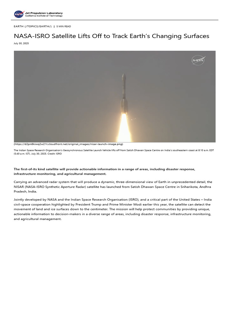NASA-IsRO Satellite Lifts Off To Track Earth's Changing Surfaces - NASA ...