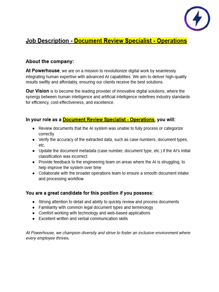 Job Description - Document Review Specialist - Operations | PDF