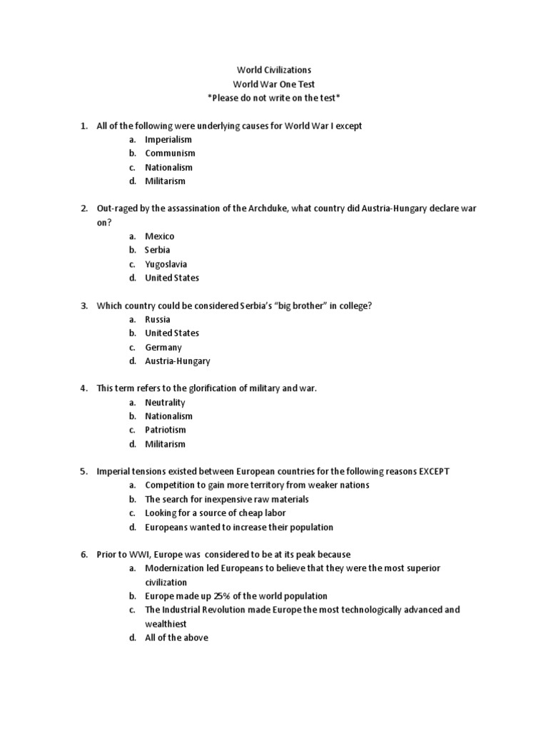 World War I Quiz and Test Questions | PDF | World War I | German Empire