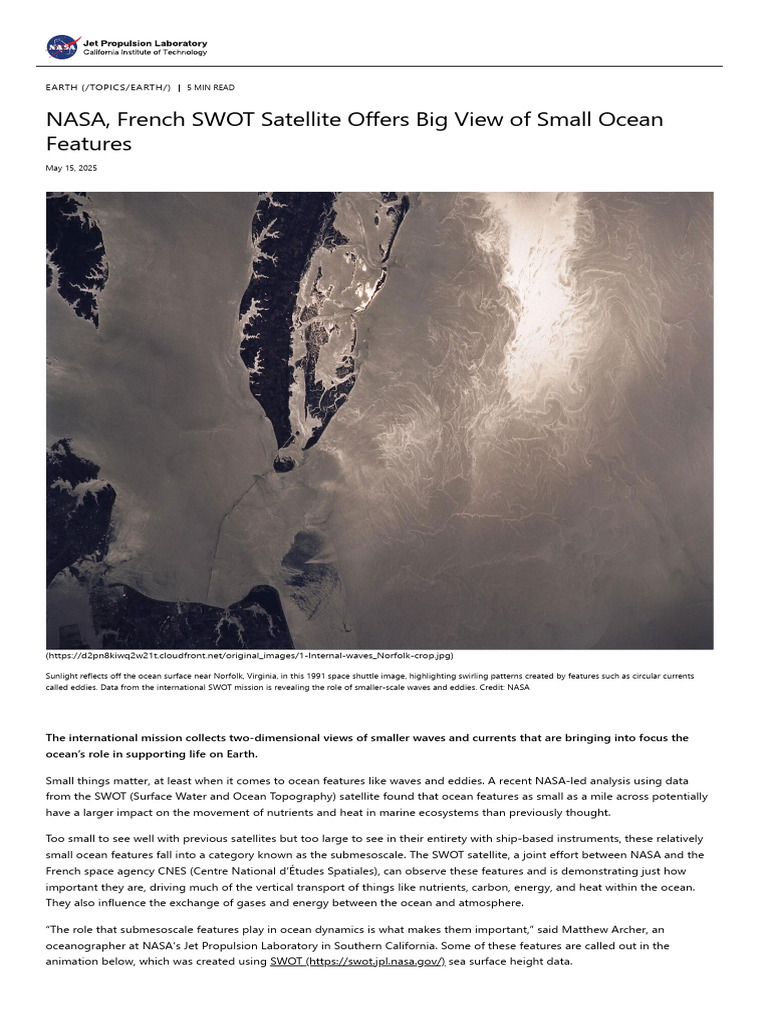 NASA, French SWOT Satellite Offers Big View of Small Ocean Features ...