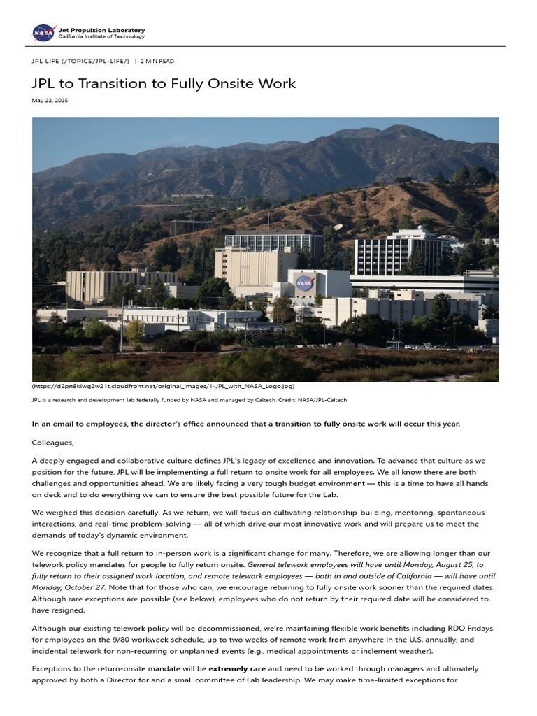 JPL to Transition to Fully Onsite Work _ NASA Jet Propulsion Laboratory (JPL) | PDF | Jet ...