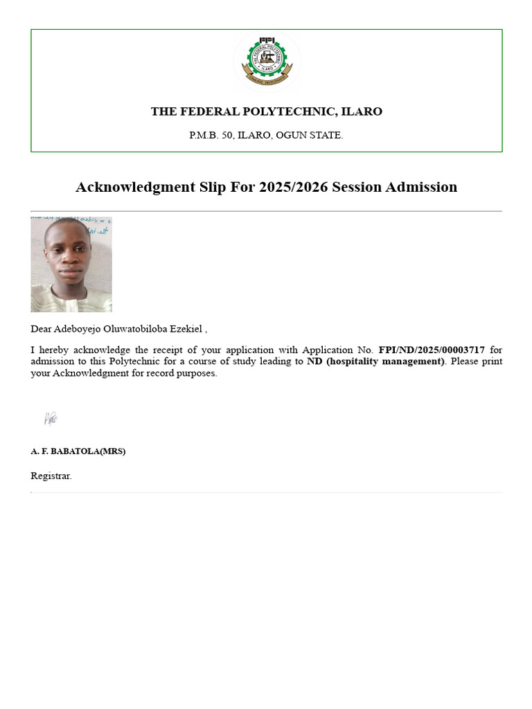 Adeboyejo Ezikiel Acknowledgement - The Federal Polytechnic Ilaro | PDF