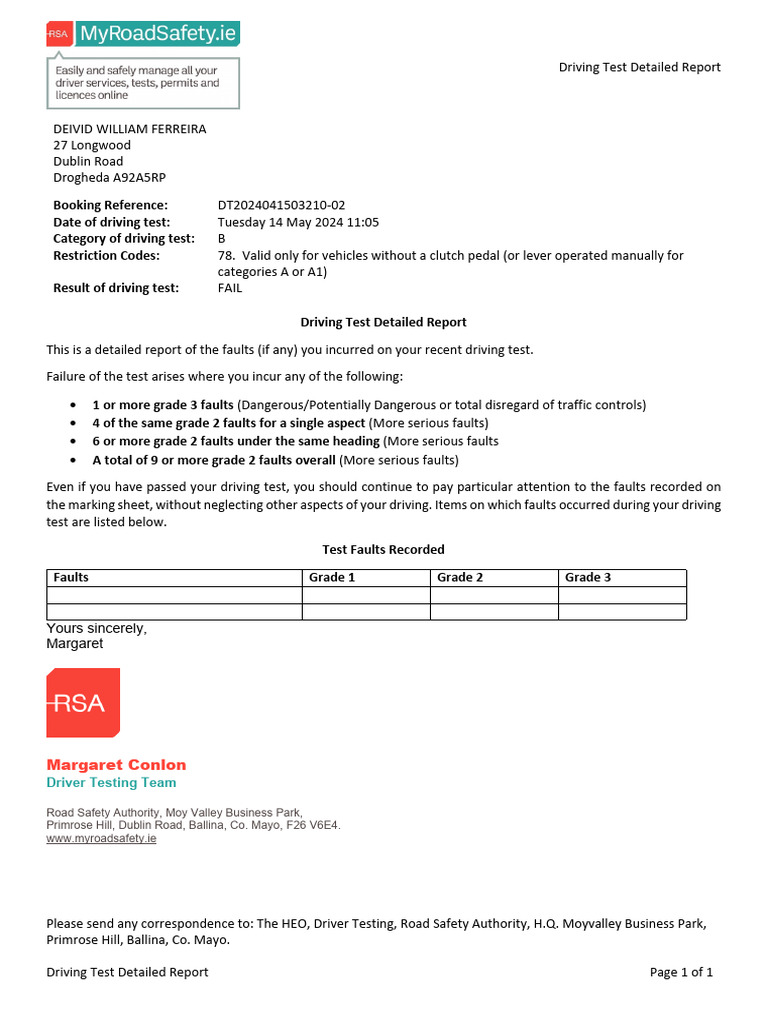 Driving Test Results and Faults Report | PDF