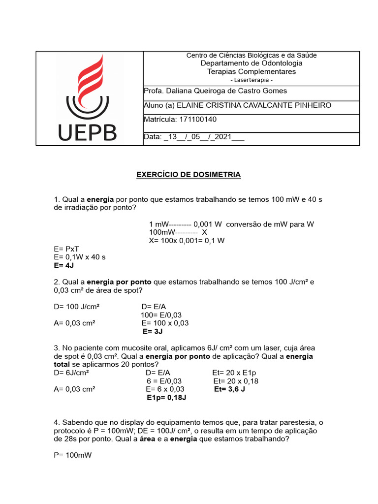 Dosimetria em Laserterapia Odontológica | PDF
