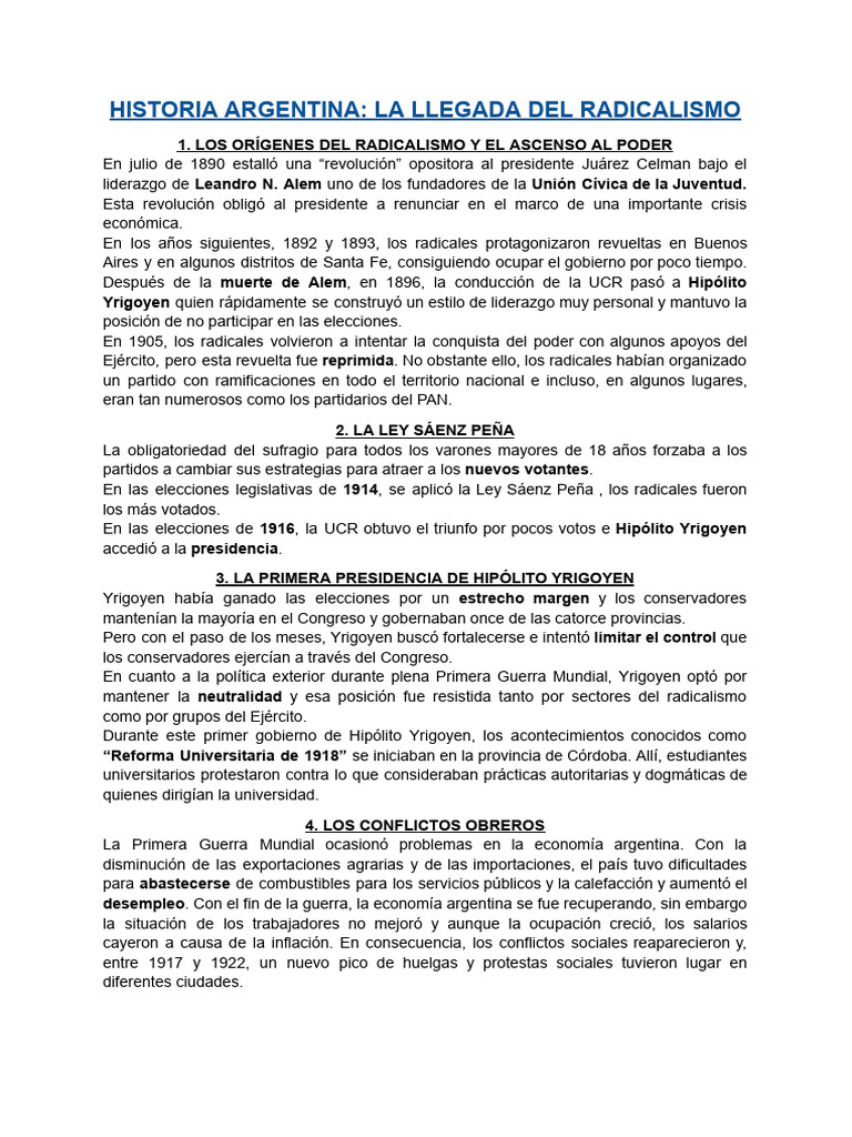 Historia Argentina - La Llegada Del Radicalismo | PDF | Argentina ...