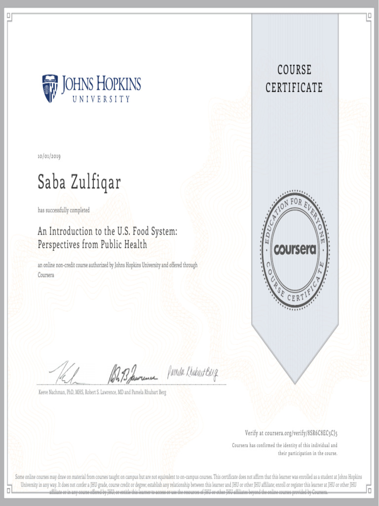 Johns Hopkins Food System Course Certificate | PDF | Johns Hopkins ...