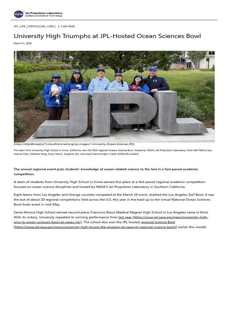 University High Triumphs at JPL-Hosted Ocean Sciences Bowl _ NASA Jet Propulsion Laboratory (JPL ...