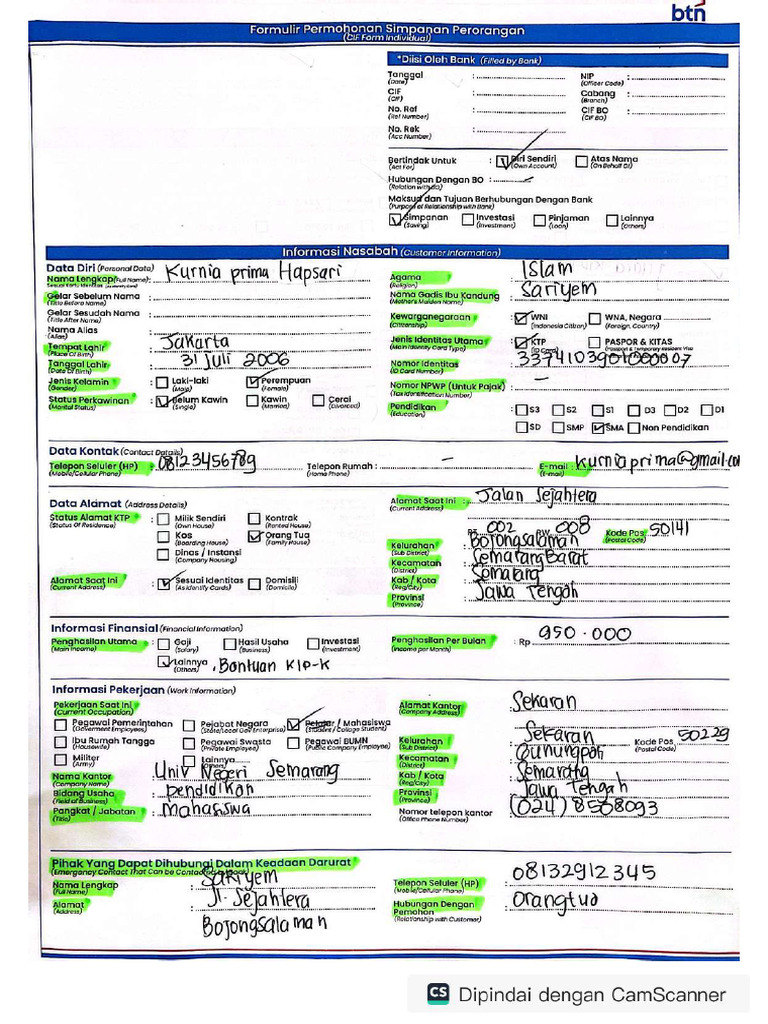 Contoh Pengisian Form Buka Rekening Kipk Compressed | PDF
