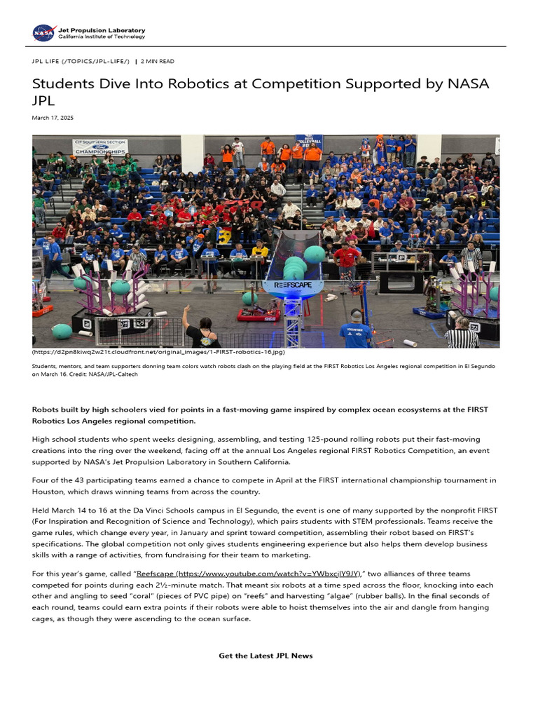 Students Dive Into Robotics at Competition Supported by NASA JPL - NASA Jet Propulsion ...