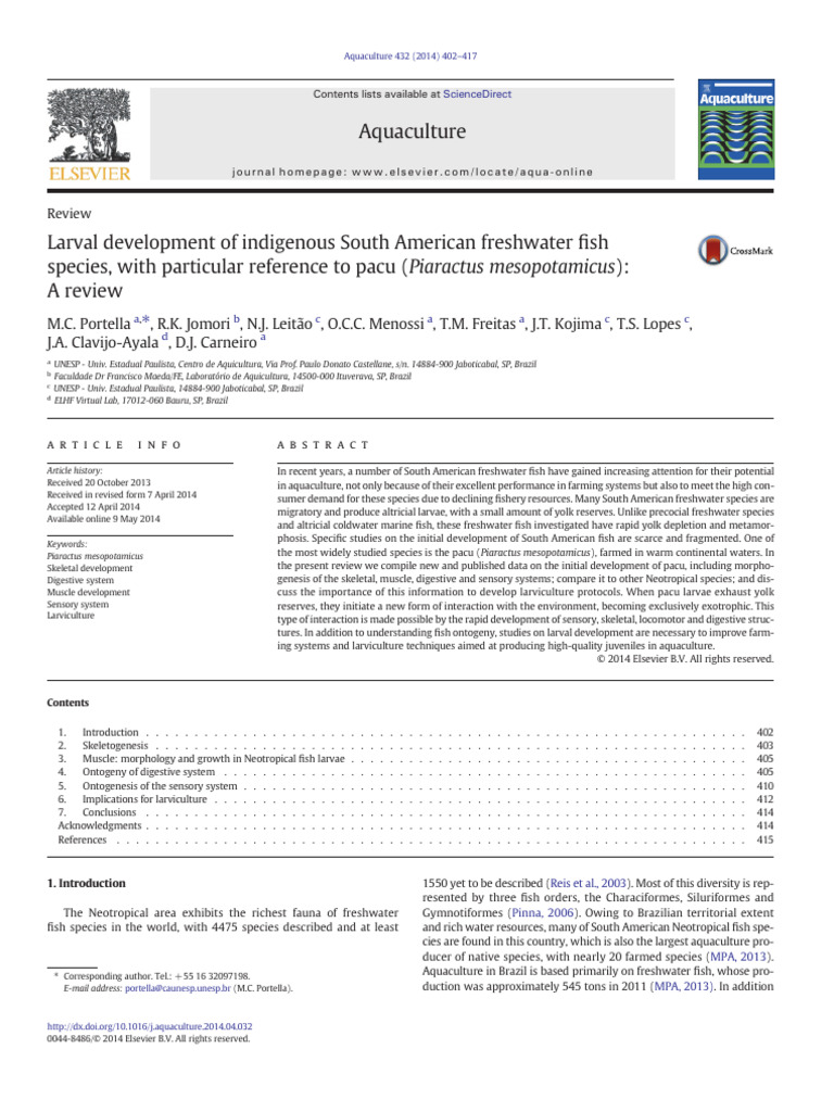 Larval Development of Indigenous South American Freshwater Fish Species ...