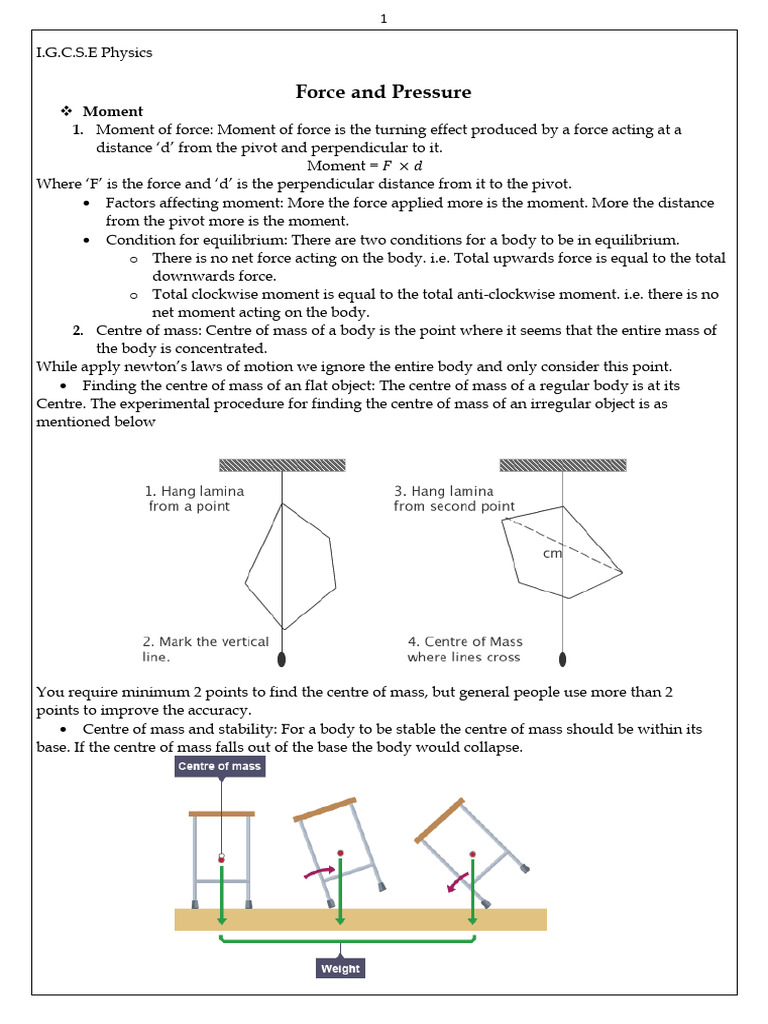 IGCSE Physics Notes Force and Pressure (1) | PDF | Pressure | Force