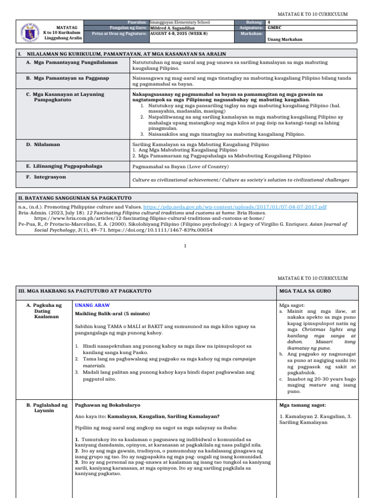 DLL Matatag - GMRC 4 q1 w8 | PDF