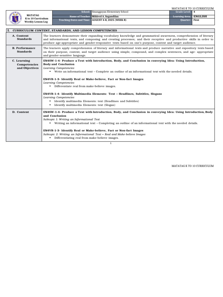 Class 5 English Lesson Plan Overview | PDF | Multimedia | Reading ...