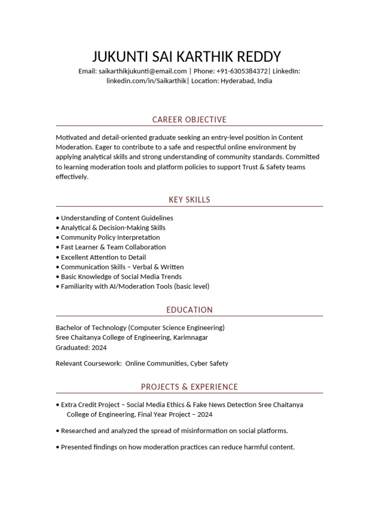 Entry-Level Content Moderator Resume | PDF