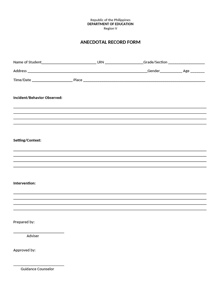 Anecdotal Record Form Template | PDF