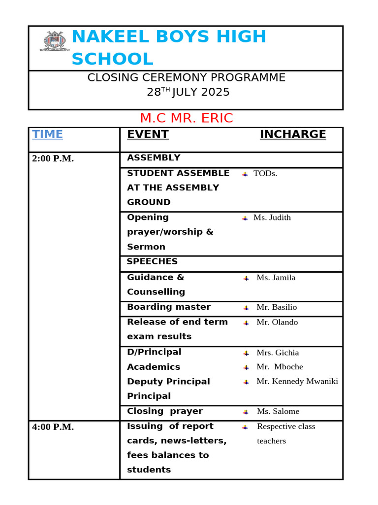 Closing Ceremony Programme Term II - 2025 | PDF