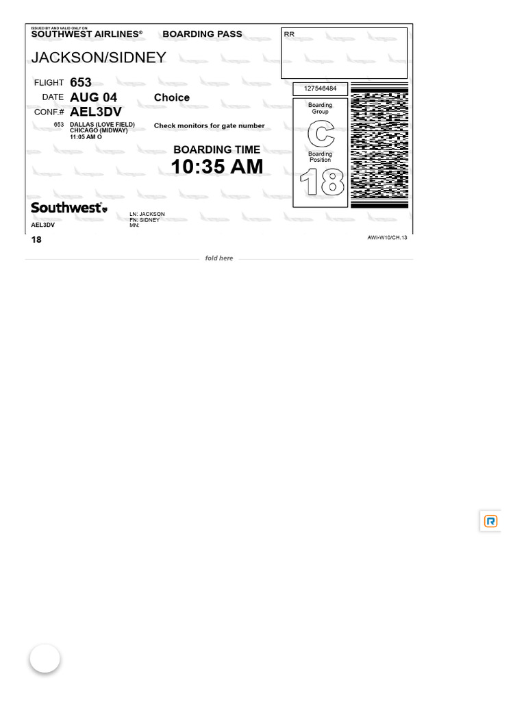 Southwest Airlines Flight 653 Boarding Pass | PDF