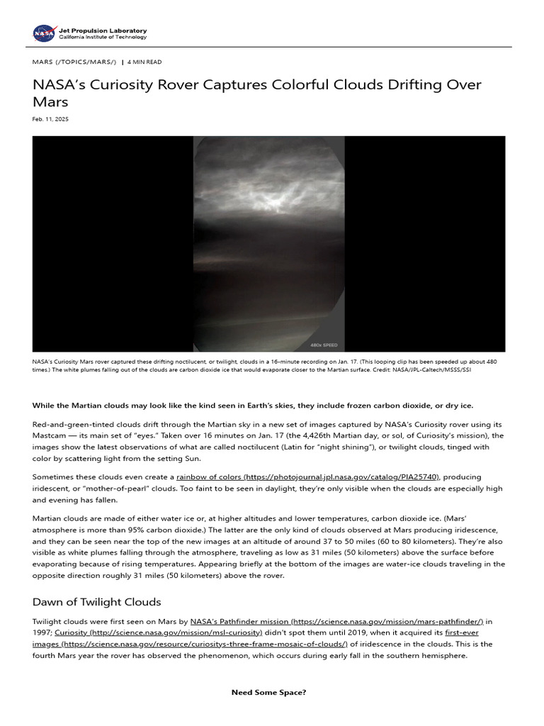 NASA’s Curiosity Rover Captures Colorful Clouds Drifting Over Mars ...