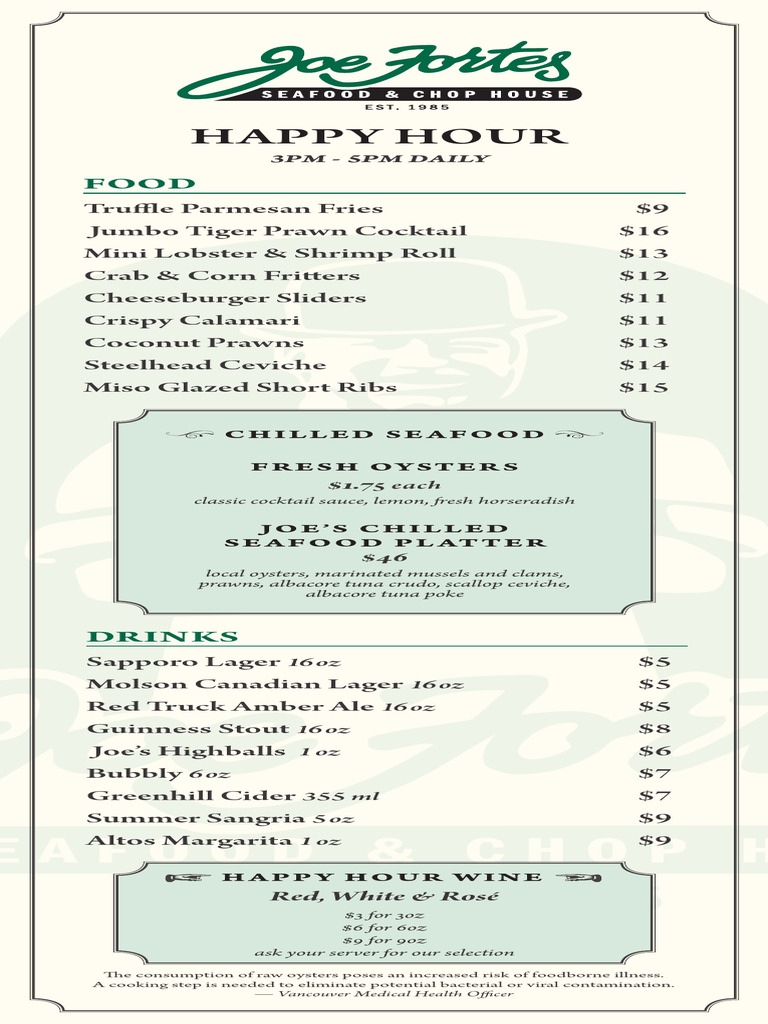 Joe Fortes Happy Hour Menu | PDF | Foods