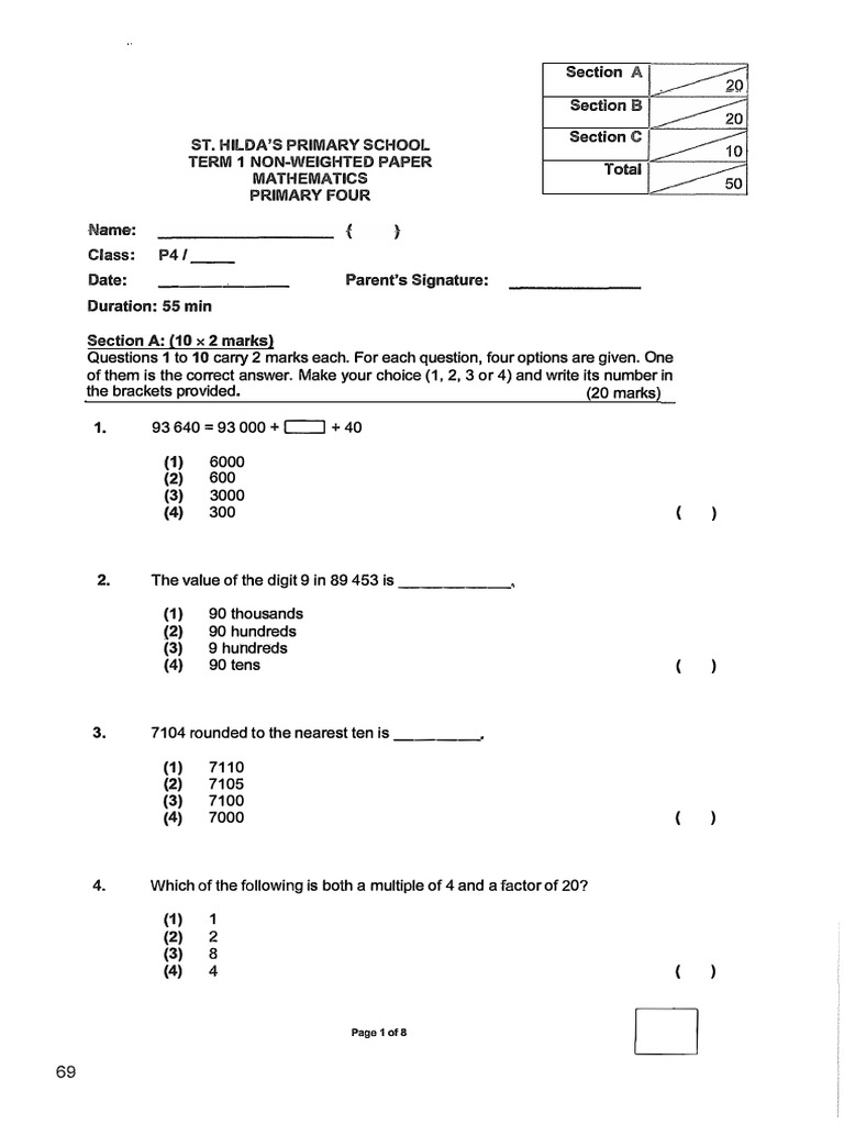 P4 Maths WA1 2024 StHilda Exam Papers | PDF