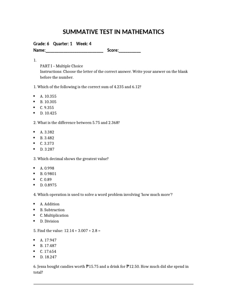 Grade 6 Math Summative Test | PDF | Numbers | Subtraction