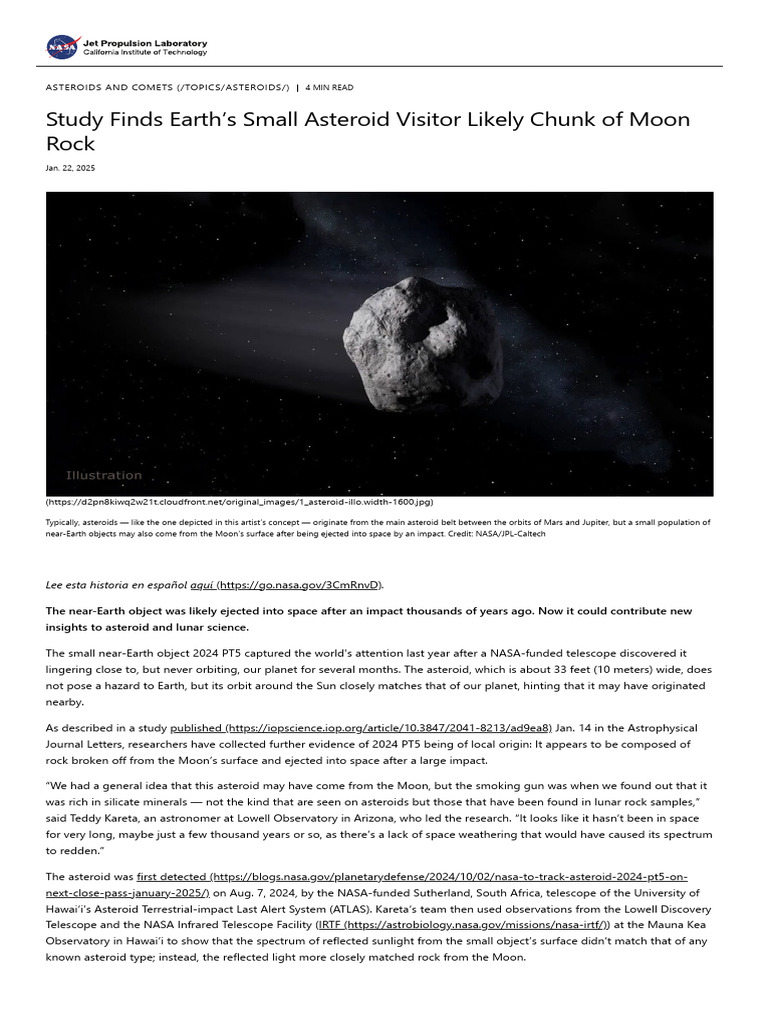 Study Finds Earth's Small Asteroid Visitor Likely Chunk of Moon Rock - NASA Jet Propulsion ...