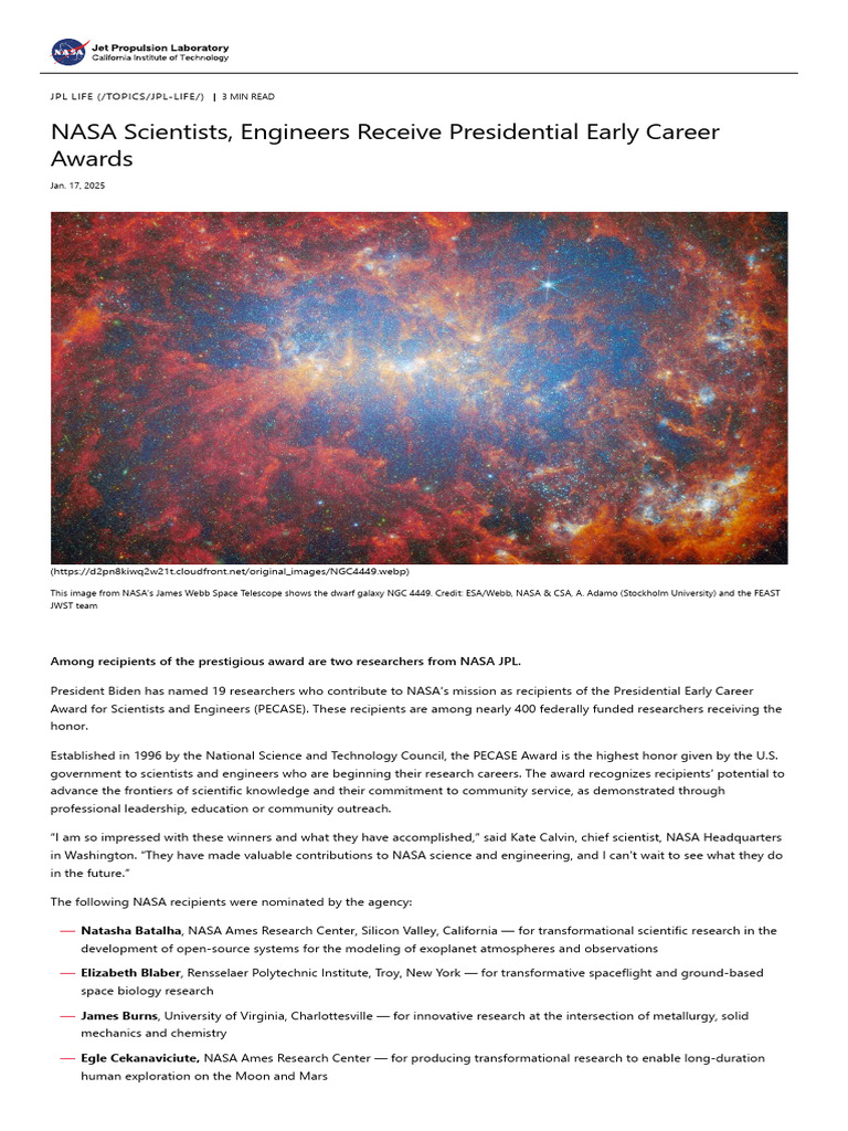 NASA Scientists, Engineers Receive Presidential Early Career Awards ...