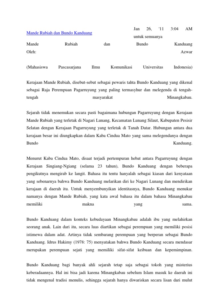 Mande Rubiah Dan Bundo Kanduang | PDF | Sejarah