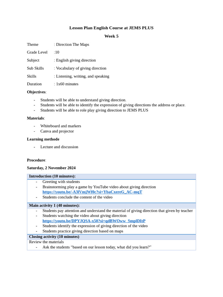 English Lesson Plan: Giving Directions | PDF