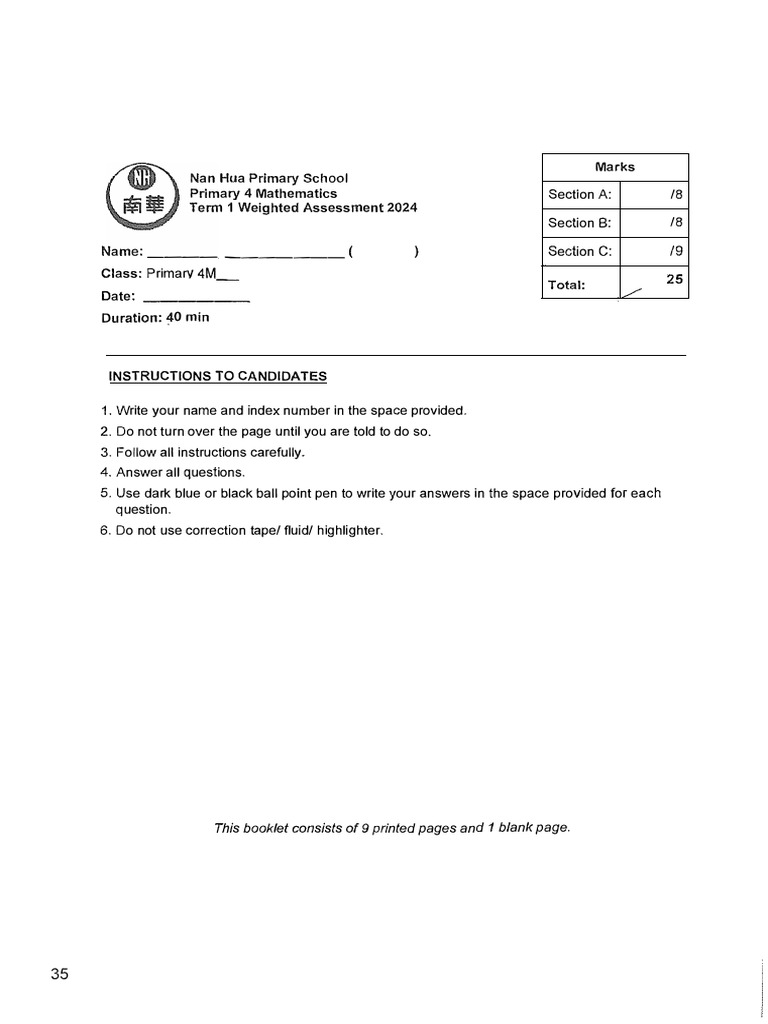 P4 Maths WA1 2024 NanHua Exam Papers | PDF