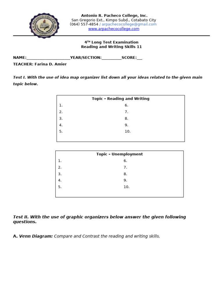 4th Long Test - Reading and Writing (Gr.11) | PDF