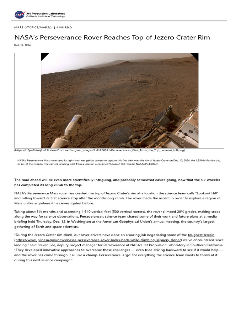 Perseverance Rover Reaches Jezero Rim | PDF | Mars | Jet Propulsion ...
