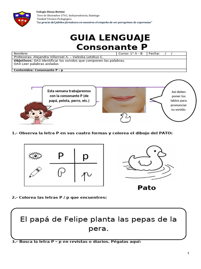 Consonante P: Actividades para 1° Básico | PDF