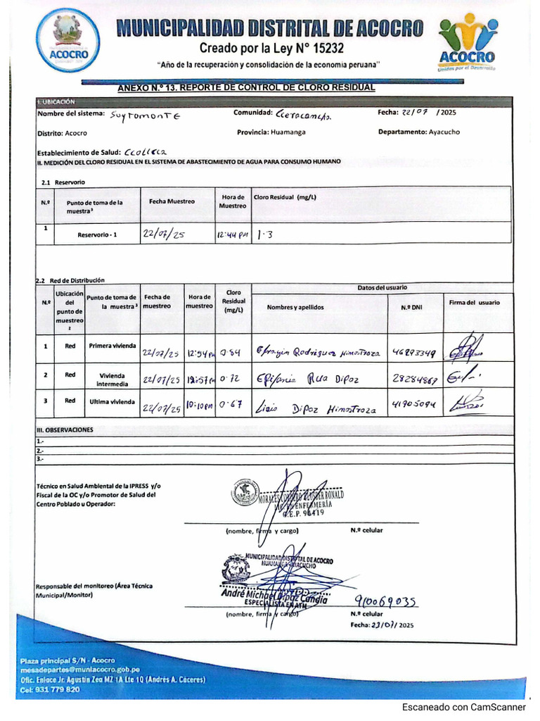 Acta de Medicion de Cloro Residual Del Ccpp. Cceracancha | PDF