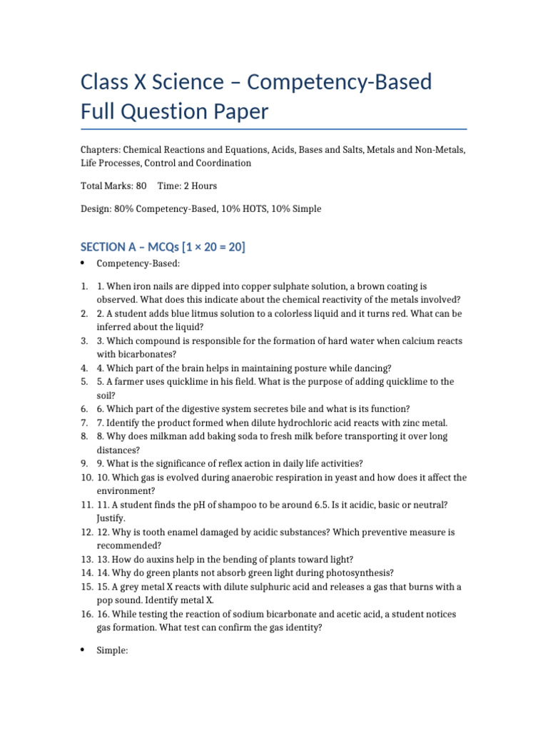 Class 10 Science Competency Questions | PDF | Acid | Sodium Bicarbonate
