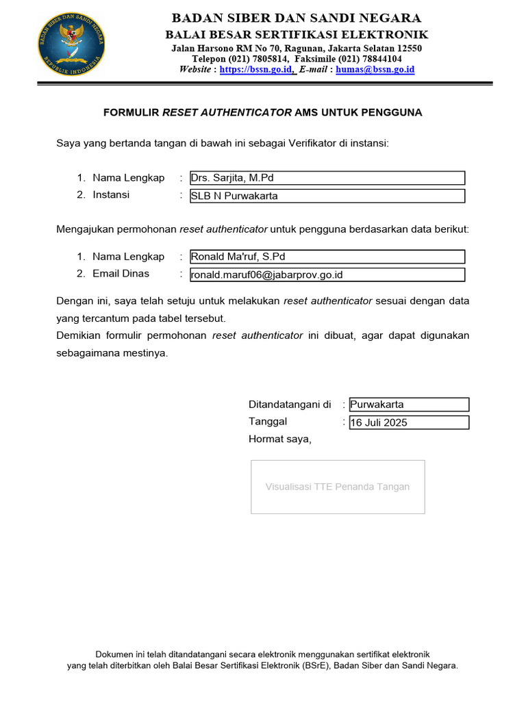 Formulir Reset Authenticator Pengguna | PDF