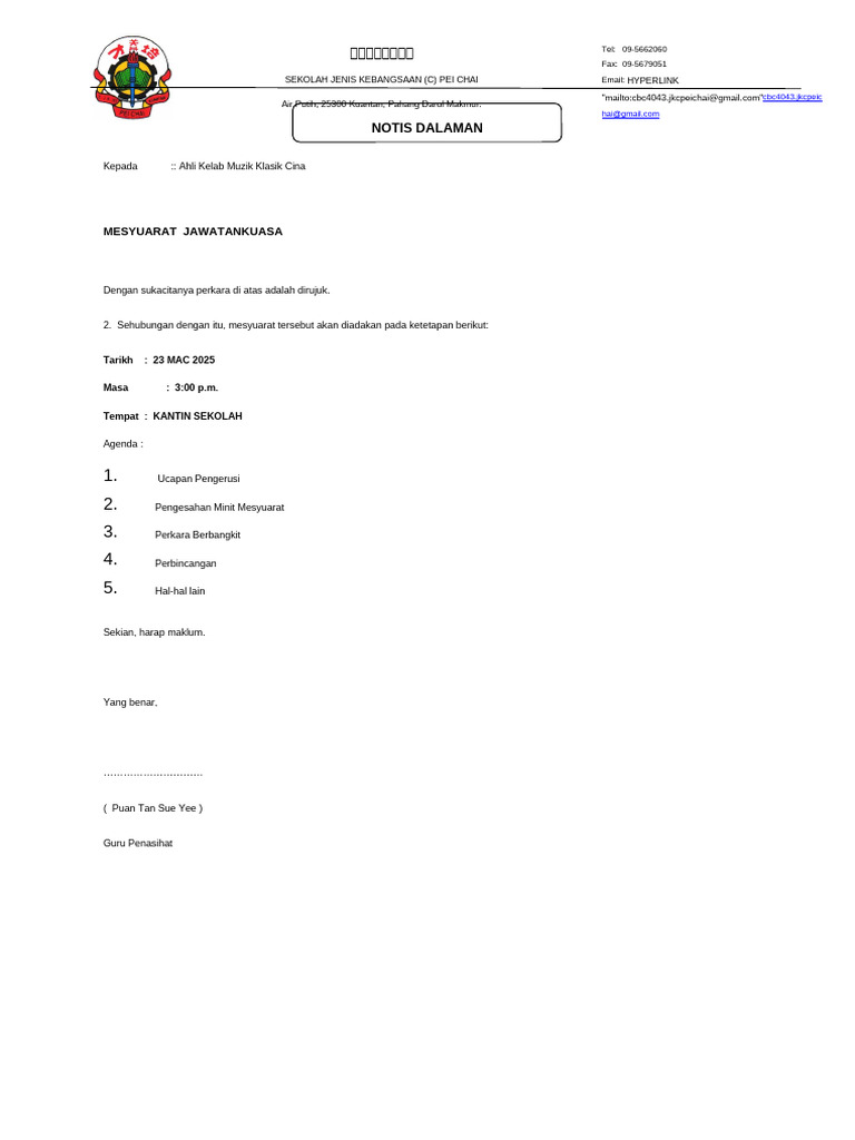 5.notis Mesyuarat Kokurikulum | PDF