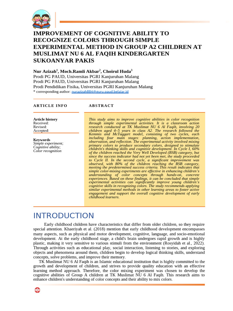 IMPROVEMENT OF COGNITIVE ABILITY TO RECOGNIZE COLORS THROUGH SIMPLE ...
