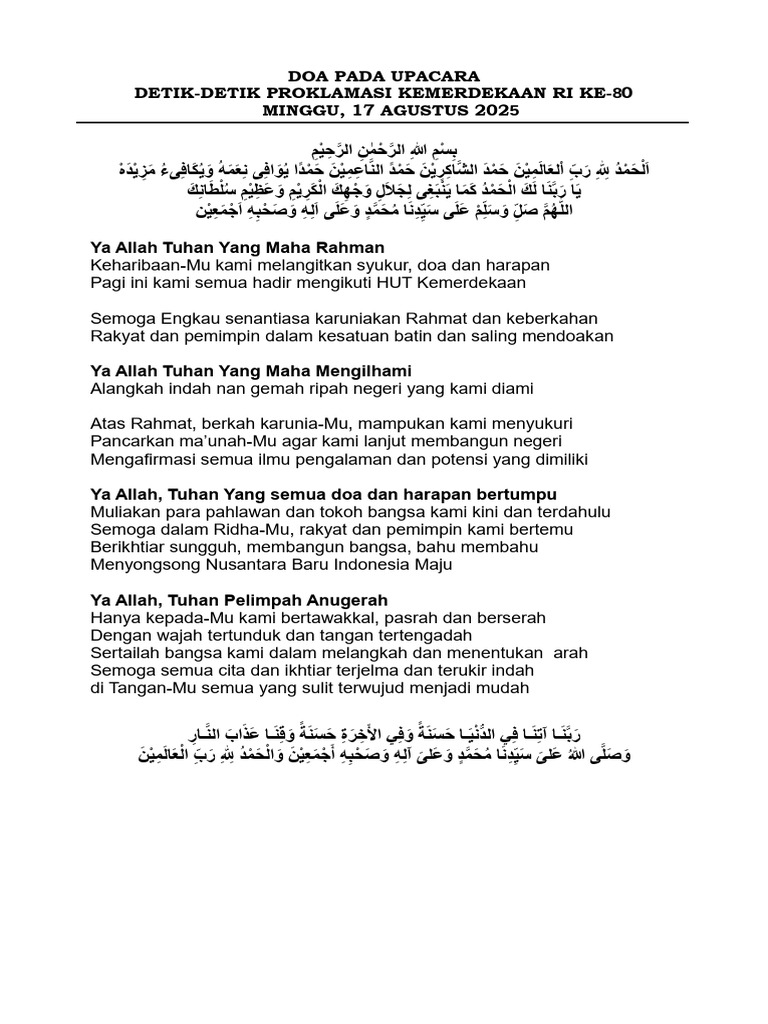 Doa Upacara HUT RI ke-80 | PDF