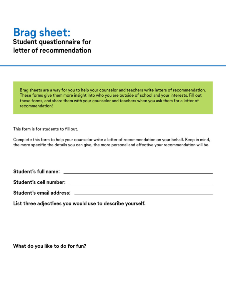 Student Brag Sheet For Counselors Ed | PDF