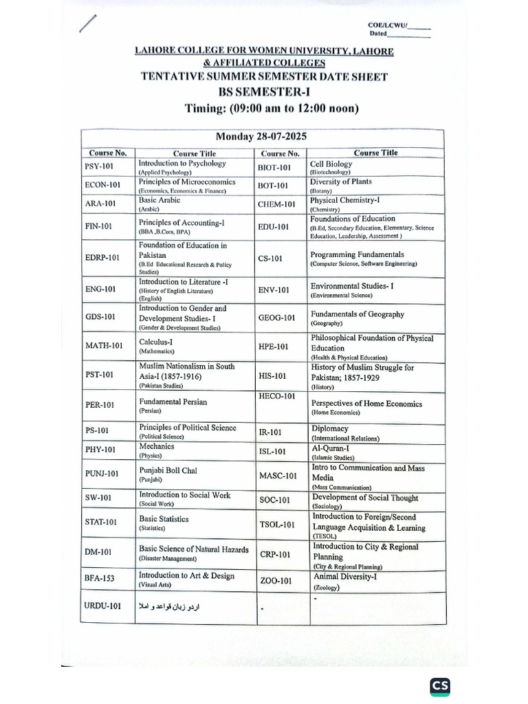 Tentative Summer Semester Date Sheet Semester I | PDF
