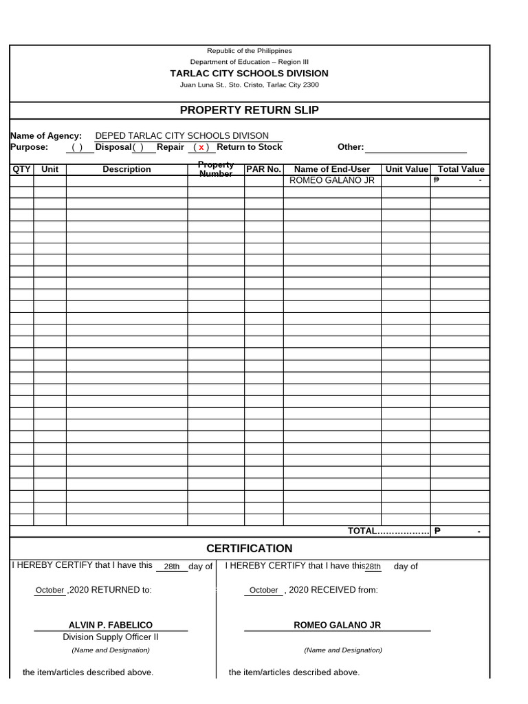 Property Return Slip: Tarlac City Schools Division | PDF