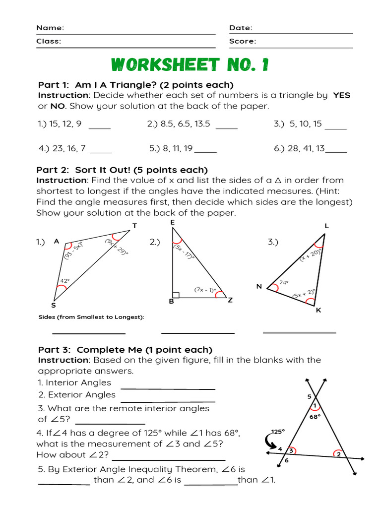 Theorems On Triangle Inequalities in One Triangle Worksheet | PDF ...