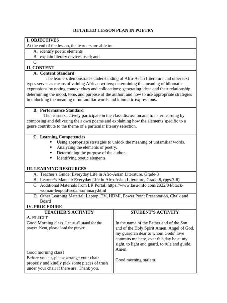 8es Lesson Plan in Poetry | PDF | Poetry | Lesson Plan