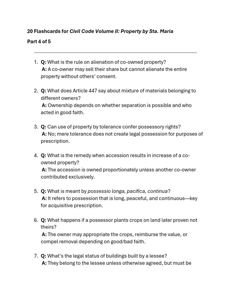 Part 4 of 5 - 20 Flashcards for Civil Code Volume II | PDF | Property | Easement